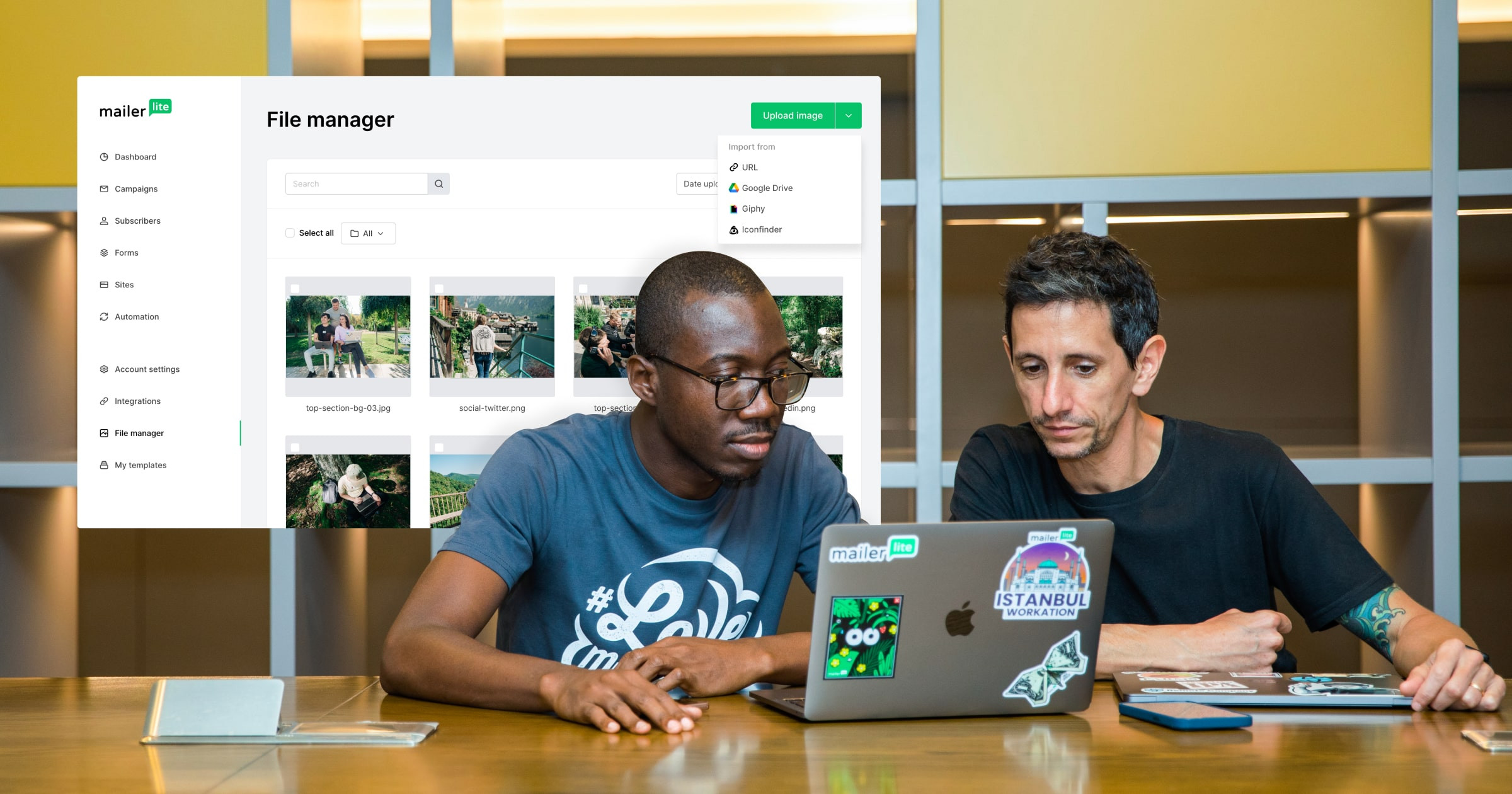 File Manager includes Giphy, Iconfinder and Google Drive - MailerLite