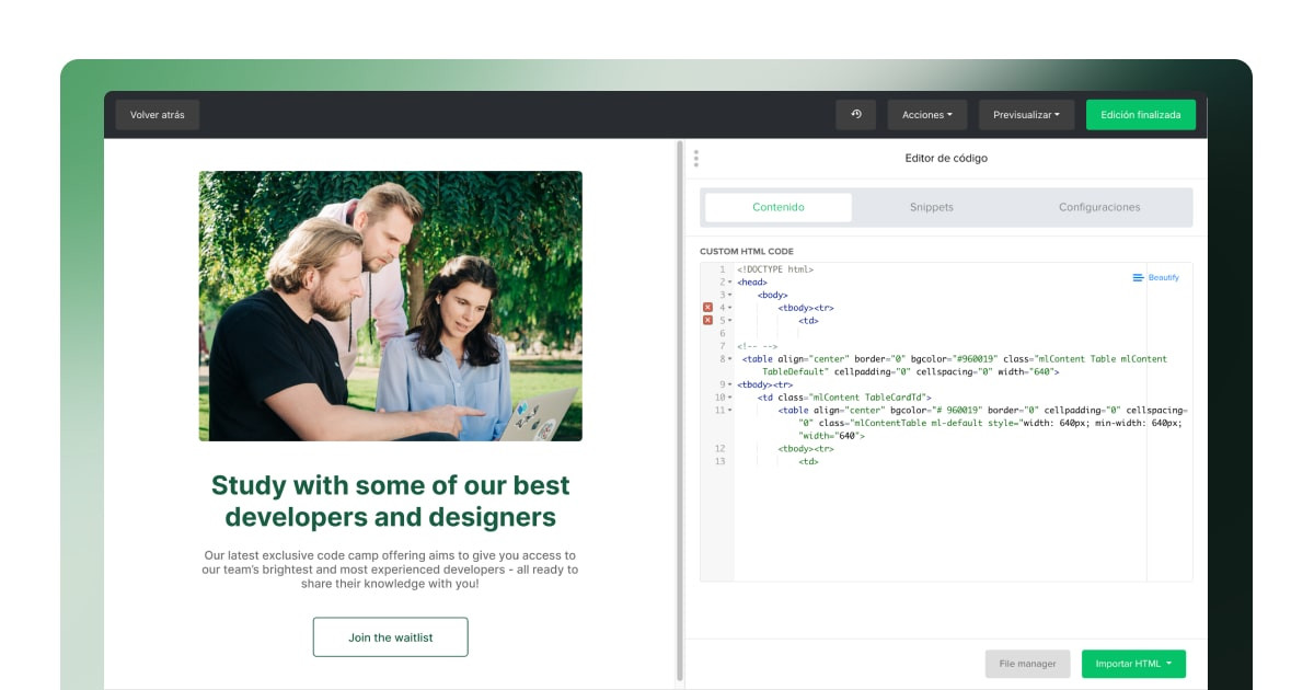 Editor de email HTML personalizado - MailerLite