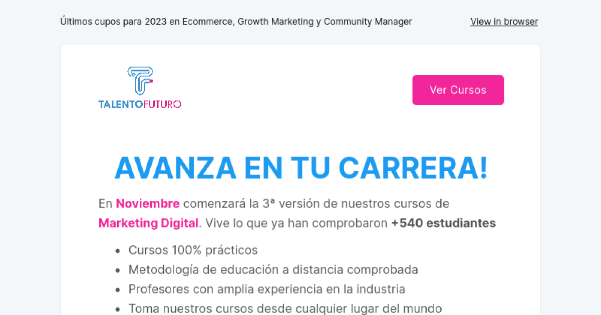 Ejemplo del newsletter de Talento Futuro creado con una plantilla de MailerLite